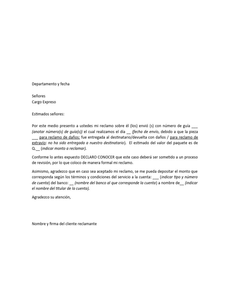 Formato Carta de Reclamo - Daños y Extravíos | PDF