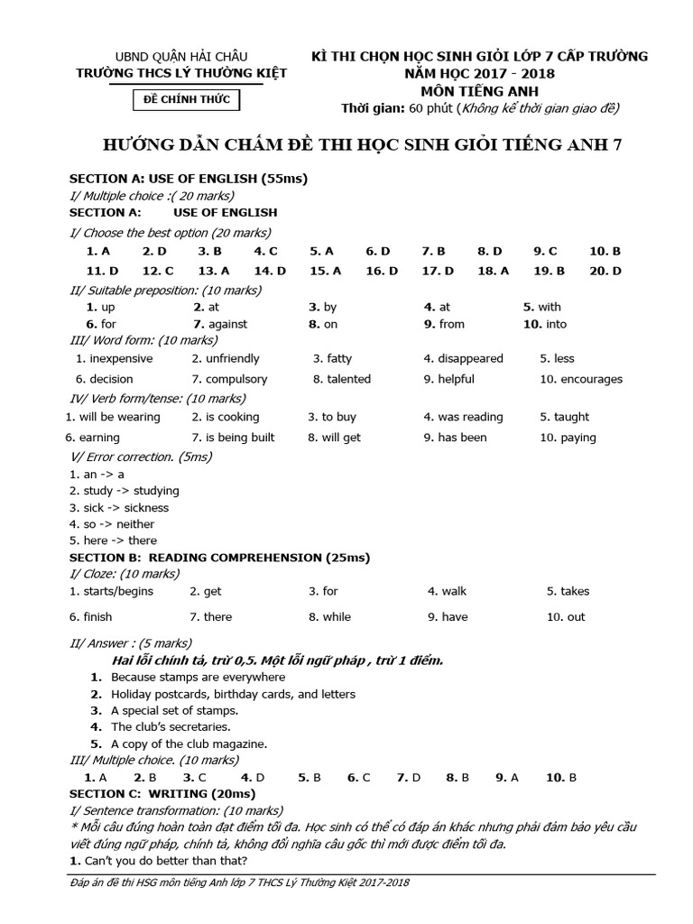 ĐA HSG Anh 7 THCS LTK 2017-2018 | PDF | Linguistics | Languages