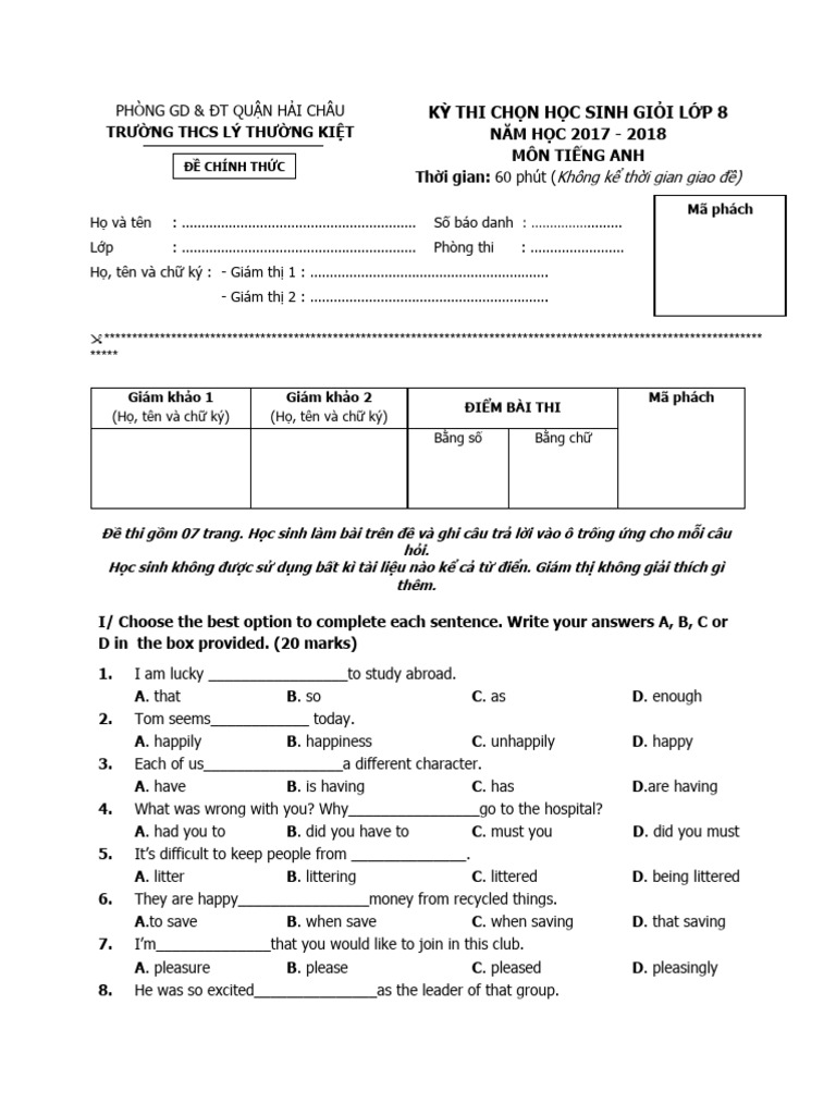 Anh 8 Đề HSG 8 | PDF