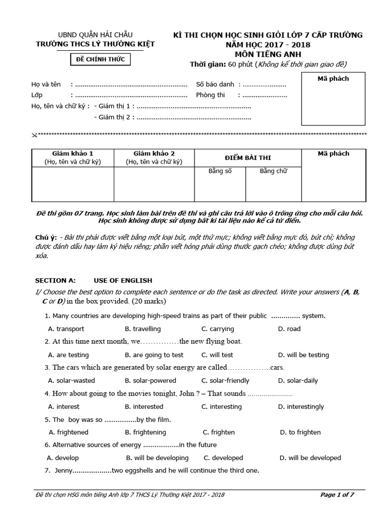 Đề HSG Anh 7 2017-2018 | PDF