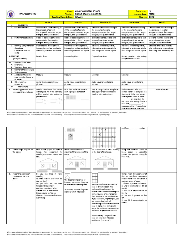 DLL - Math 4 - Q3 - Week 1 | PDF | Perpendicular | Triangle