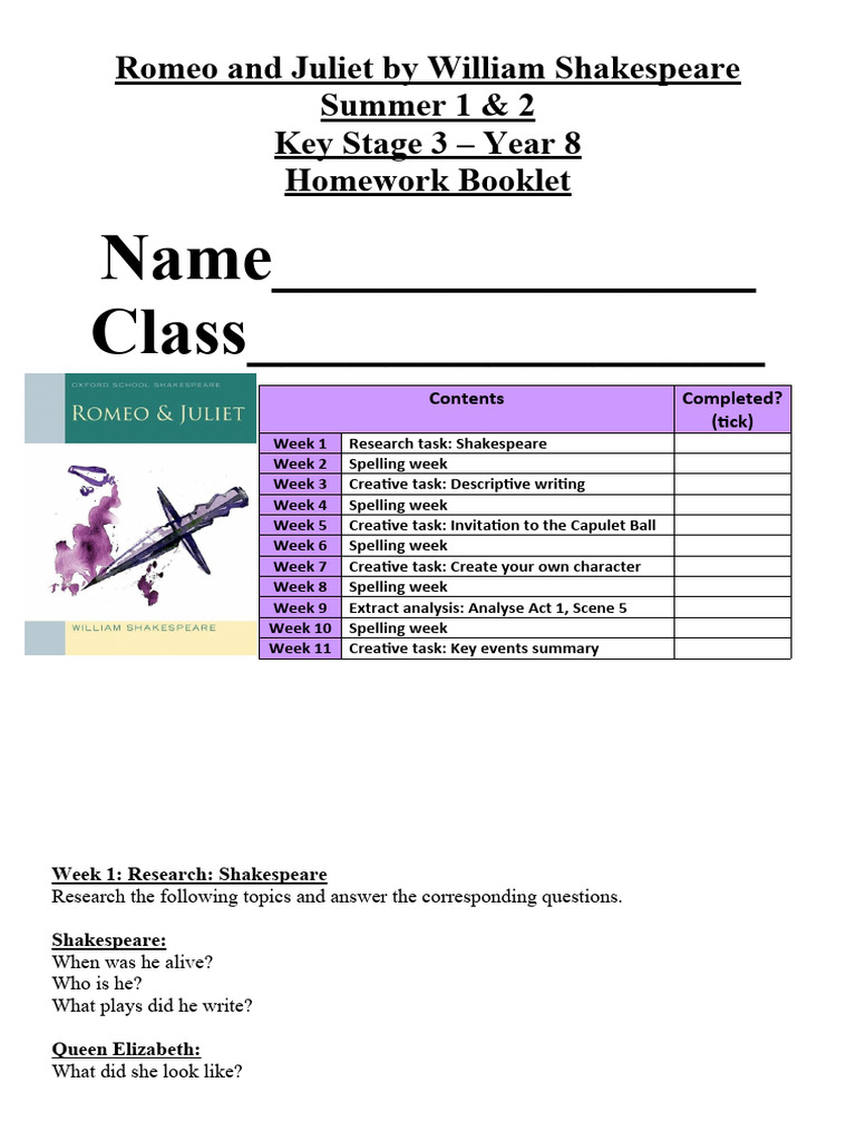 Romeo-and-Juliet-Homework-Booklet | PDF | Romeo And Juliet | Characters ...