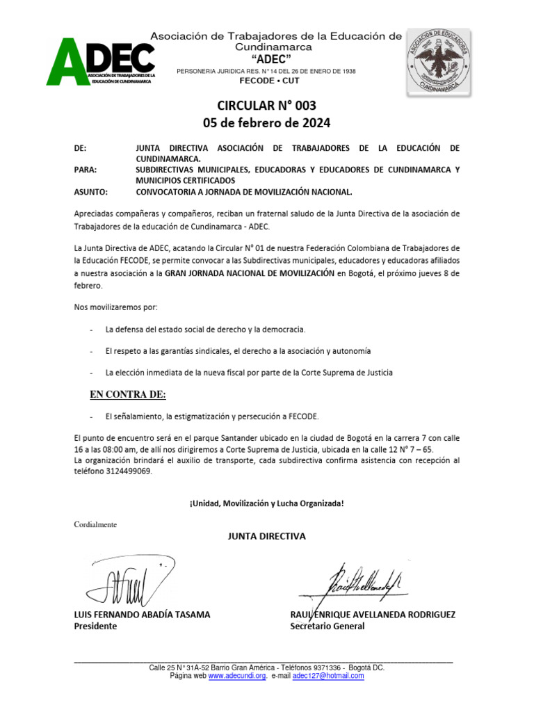 Circular 003 Movilización 8 de Febrero | PDF | Gobierno