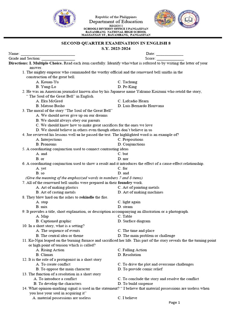 2ND Quarter Exam in English 8 2023 2024 Knoll | Download Free PDF | Chart