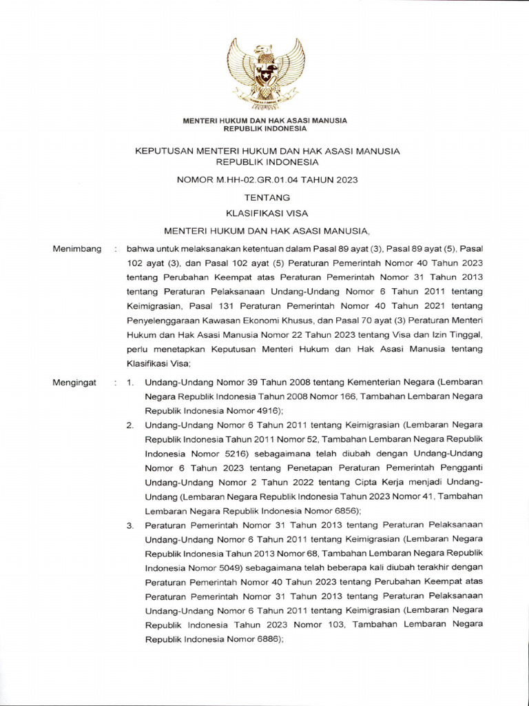 Kepmenkumham Nomor M.HH-02.GR.01.04 Tahun 2023 tentang Klasifikasi Visa ...