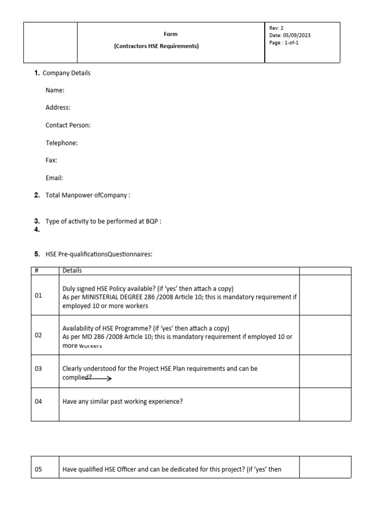 F-HSE-28 Subcontractor HSE Pre-Qualification Form | PDF | Safety