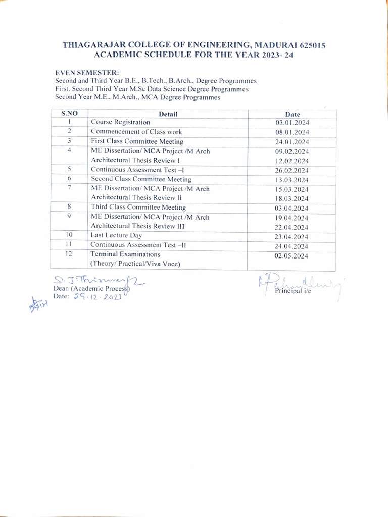 Academic Calendar Even Semester 2023 24 Revised | PDF | Thesis | Academia