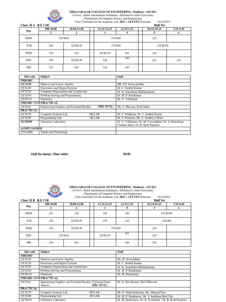 CSE EVEN 2023-2024 Timetable | PDF | Computer Science | Applied Mathematics