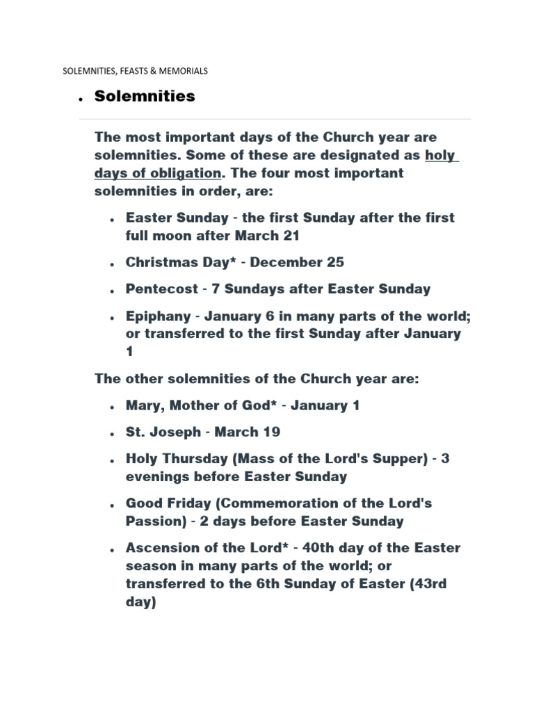 Solemnities Feasts Memorials | PDF | Liturgical Year | Easter