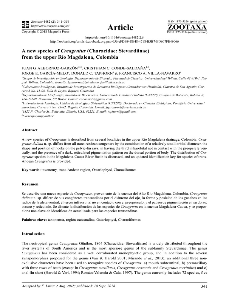 Albornoz-Garzón Et Al-2018 - A New Species of Creagrutus From The Upper ...