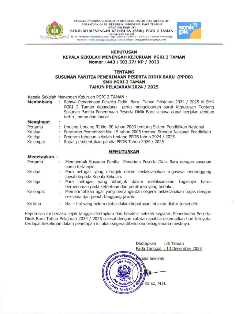 SK Panitia PPDB 2024-2025 | PDF