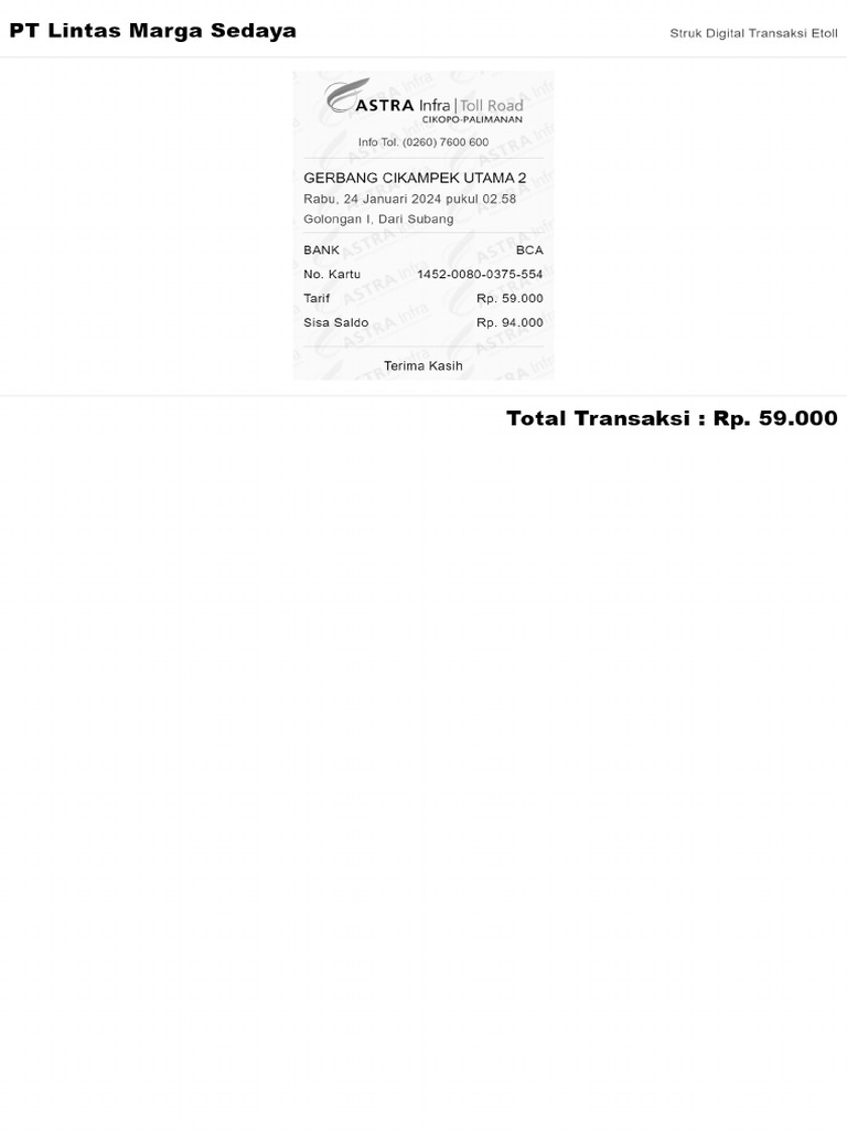 Struk Transaksi Etoll ASTRA Infra Toll Road - 2024129134242 | PDF