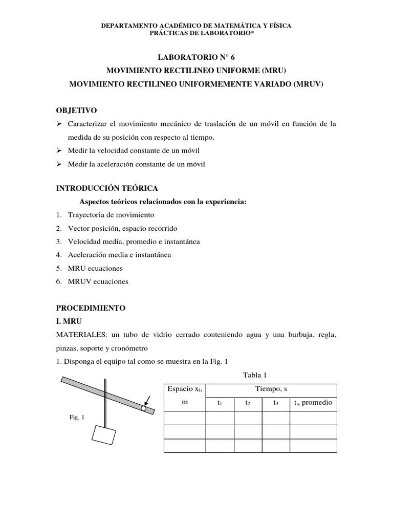 Guía 6 Laboratorio de Física I - MOVIMIENTO RECTILINEO UNIFORME (MRU) MOVIMIENTO RECTILINEO ...