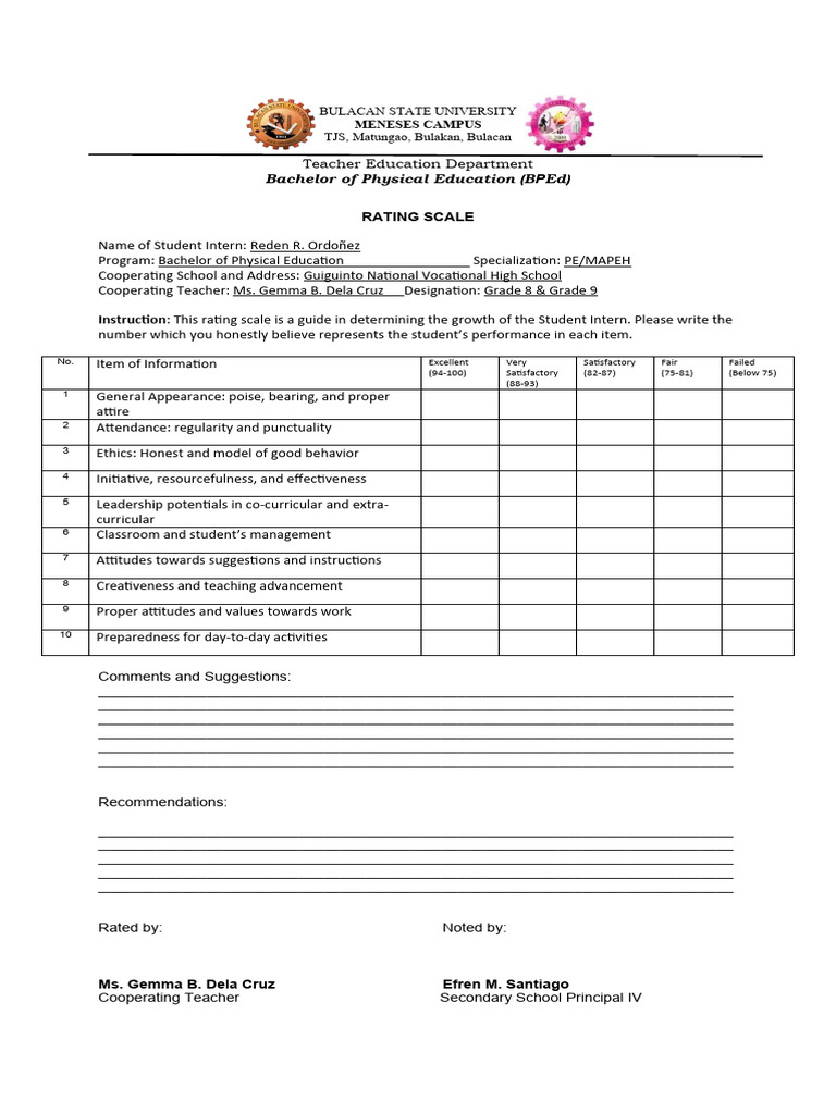 Rating Scale Internship | PDF | Cognition | Behavior Modification