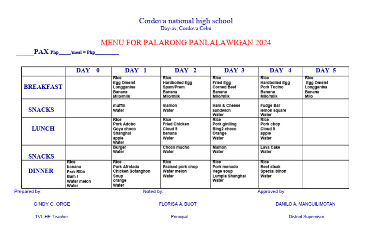 Menu For Palaro 2024 | Download Free PDF | Hamburgers | Cuisine
