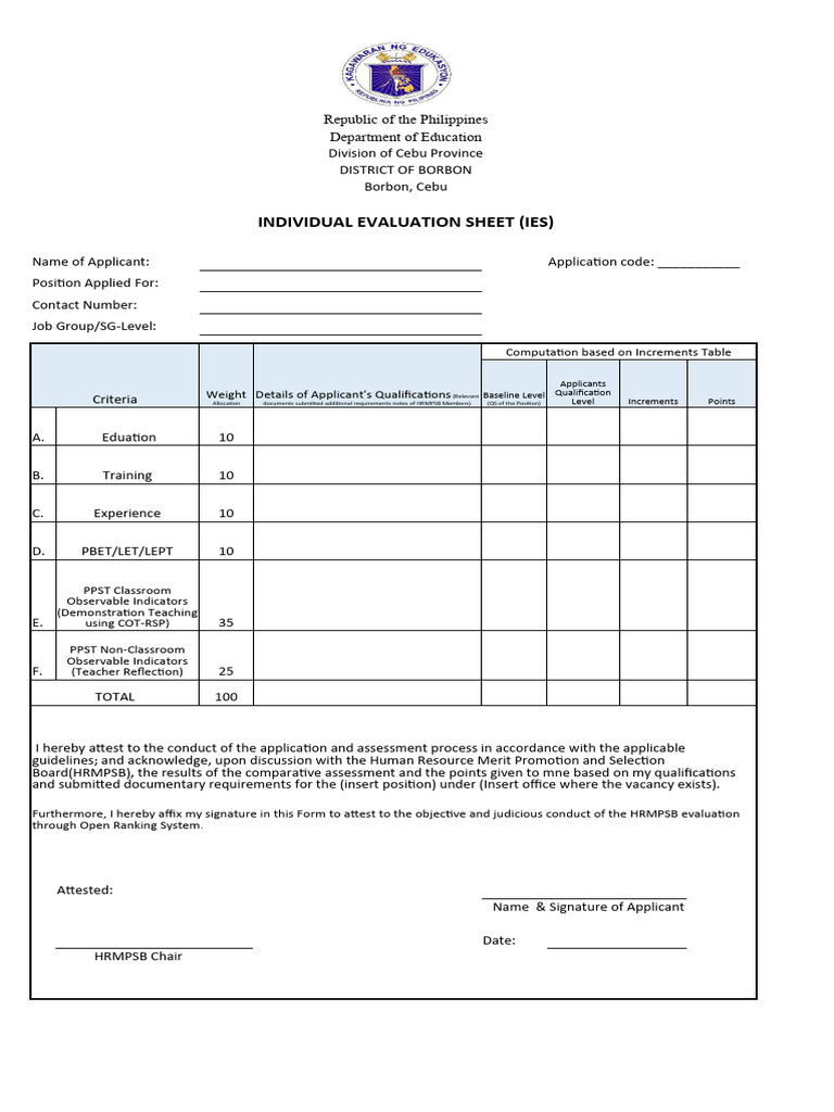 Individual Evaluation Sheet for Teachers | PDF