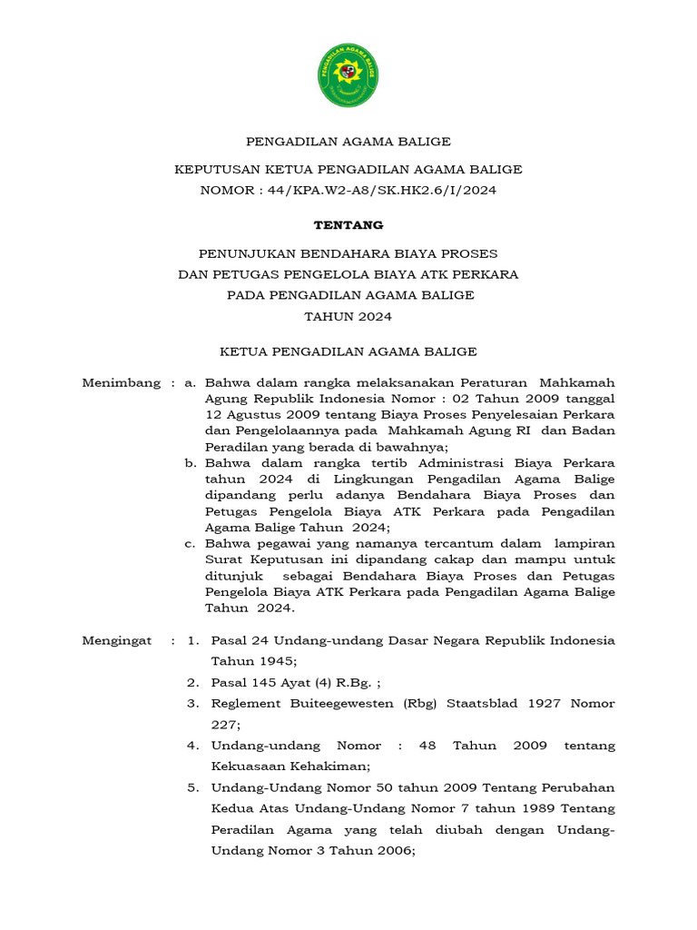 SK Bendahara Biaya Proses Dan Atk Perkara Tahun 2024 | PDF