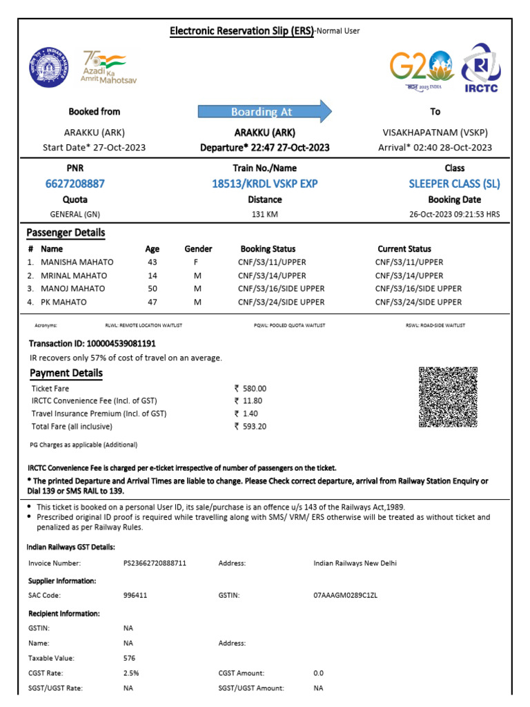 18513/Krdl VSKP Exp Sleeper Class (SL) | PDF | Identity Document | Payments