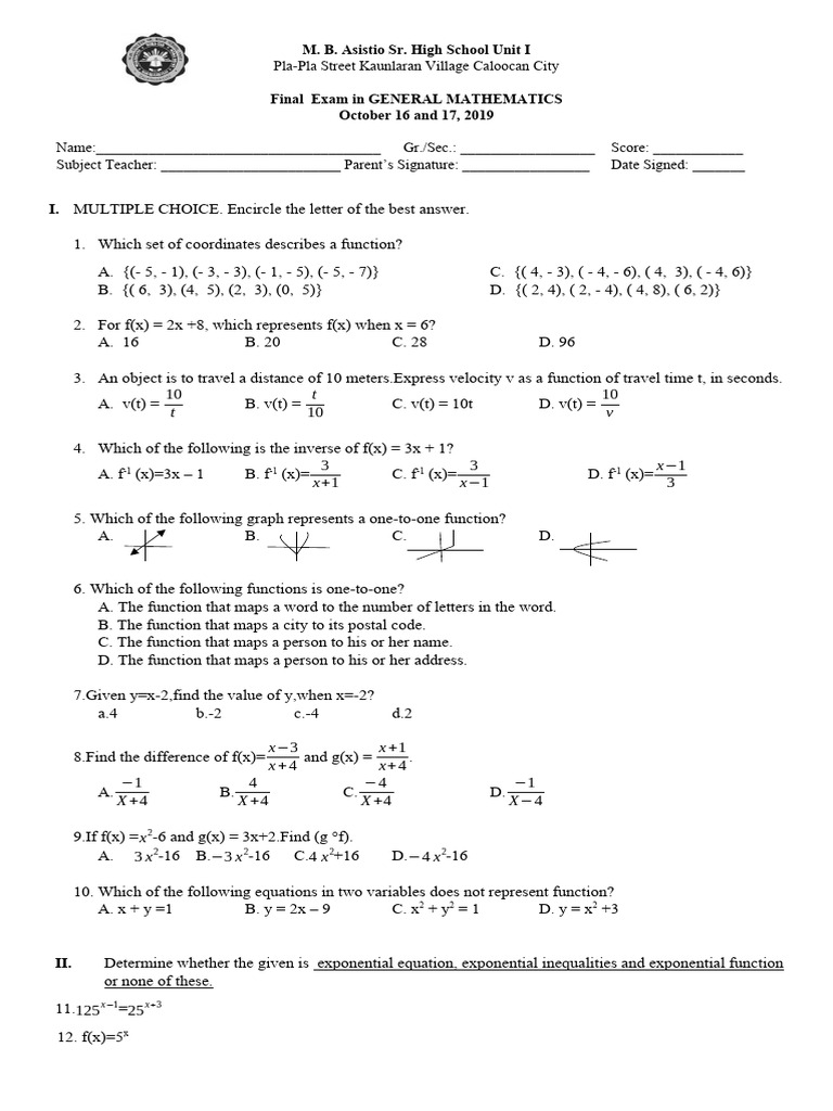 Finals 2019-2020 Gen Math | PDF | Exponential Function | Function (Mathematics)
