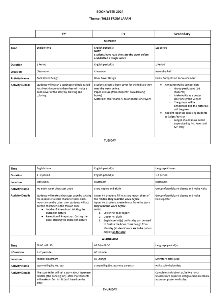 BOOK WEEK 2024 FULL RUNDOWN & ACTIVITY.docx | PDF