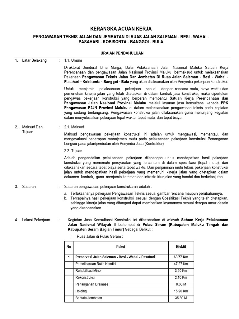 Kak Pengawasan Teknis Jalan Dan Jembatan Di Ruas Jalan Saleman Besi ...