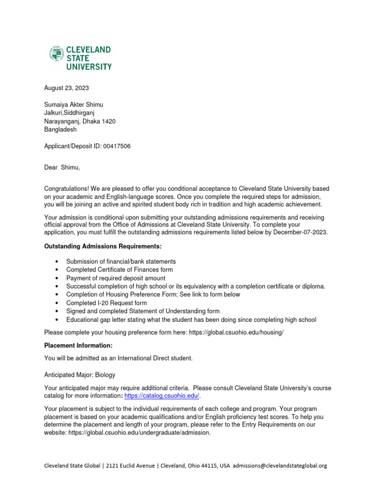 Conditional Offer Letter - COL - Sumaiya Akter - Shimu - 2023-08-23 | PDF | Payments | Fee