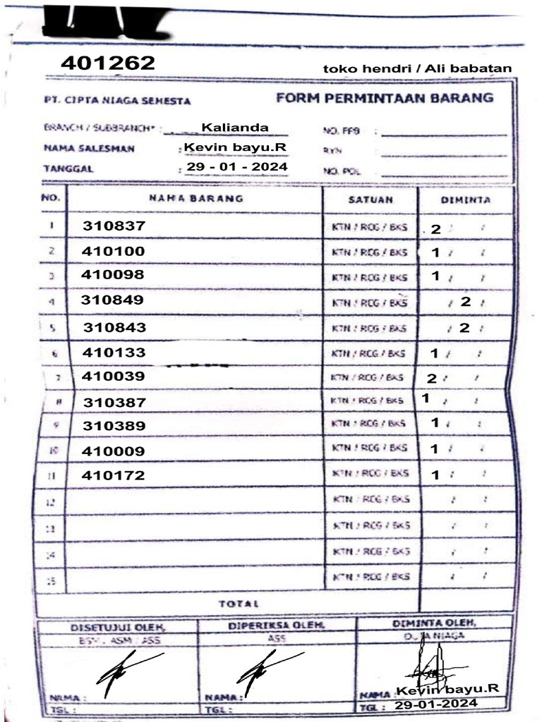 Orderan Manual Toko Hendri Babatan 1 | PDF