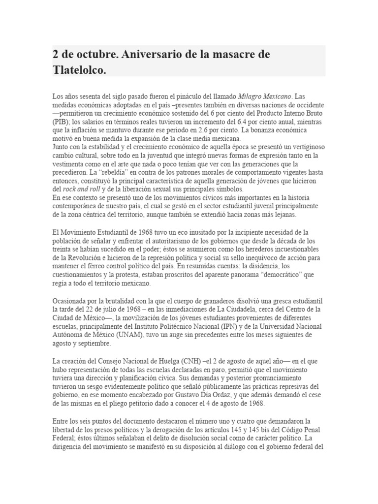 Aniversario de la Masacre de Tlatelolco | PDF | México