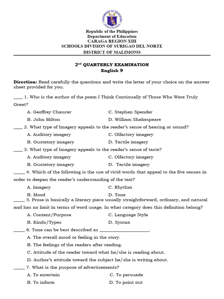 2nd Quarterly Exam ENGLISH 9 | PDF | Poetry | Senses
