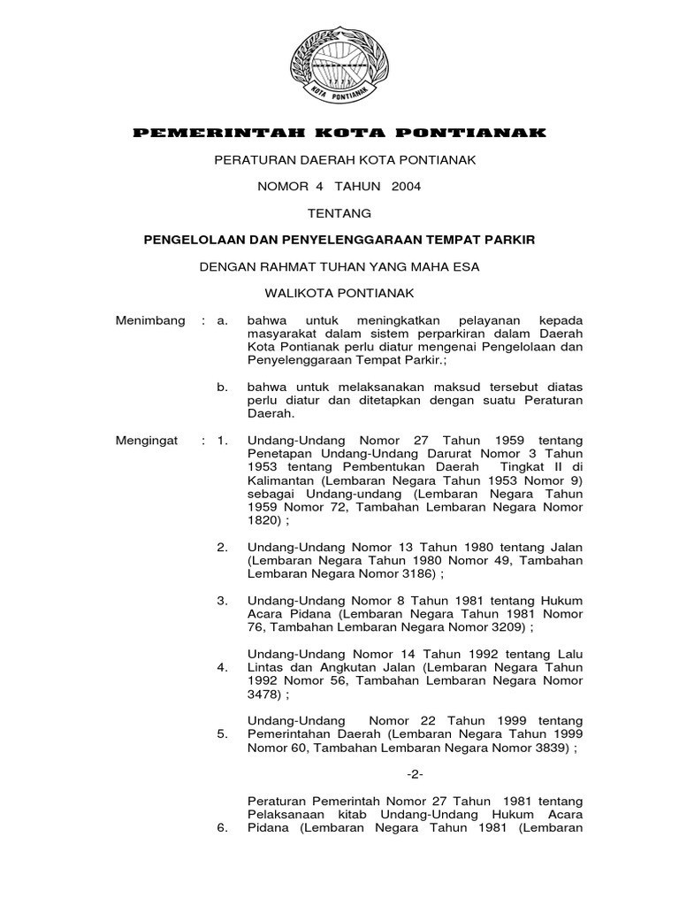 Perda No. 4-2004 TTG Pengelolaan Dan Penyelenggaraan Tempat Parkir | PDF