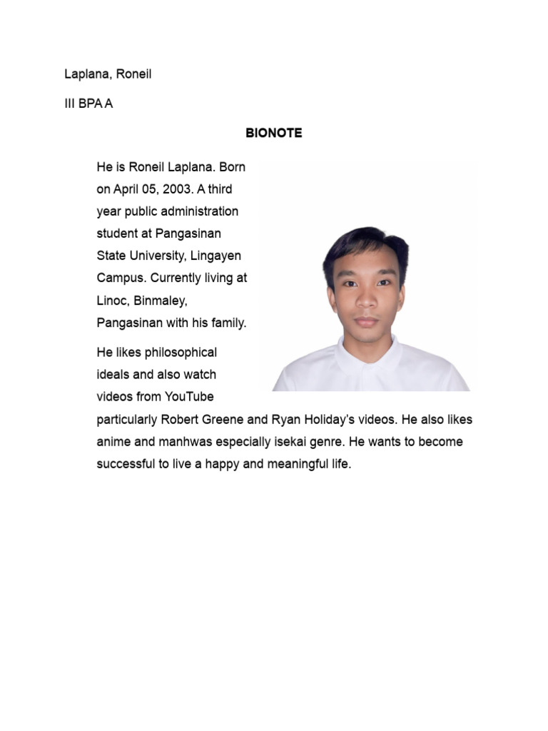 Bionote of Roneil Laplana | PDF
