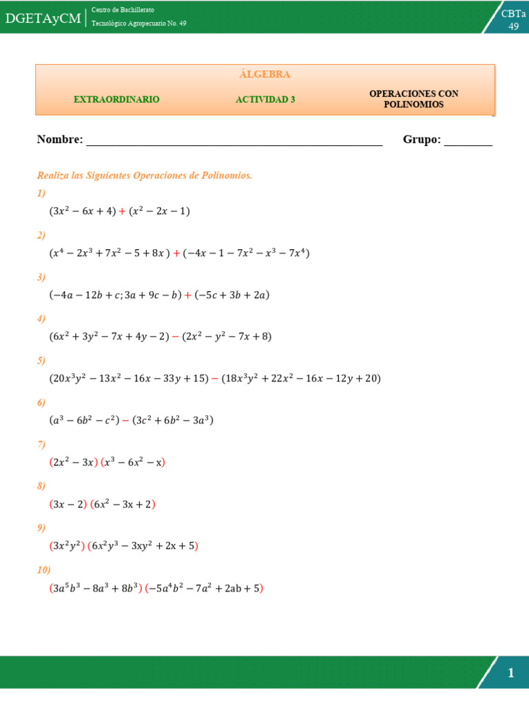 Álgebra - Extra - A3 - Operaciones Con Polinomios | PDF
