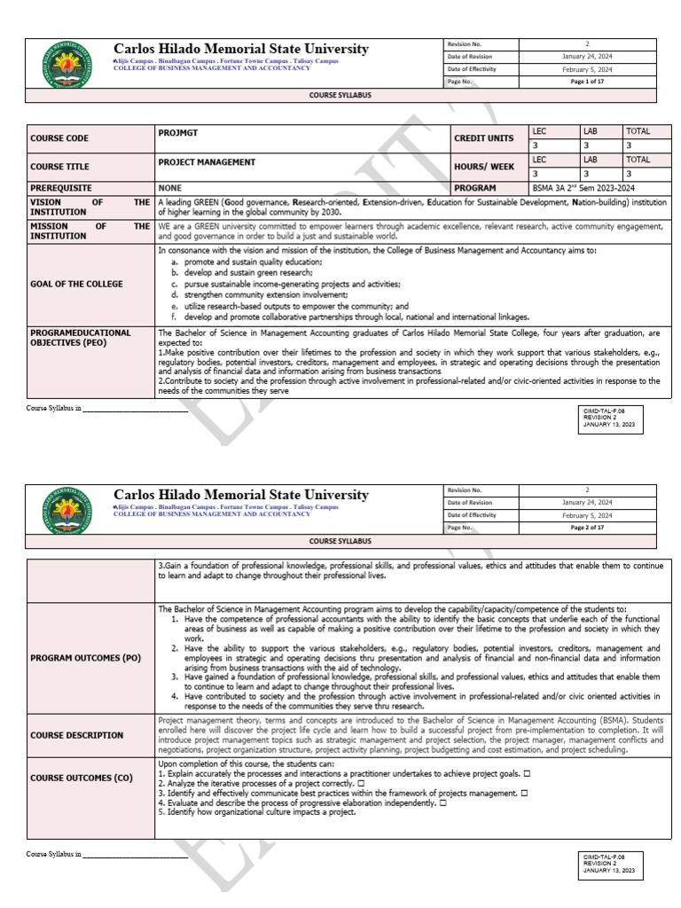 Syllabus in Project MGMT Bsma 3a 2nd Sem 2022 2023 New Copy From Sir ...