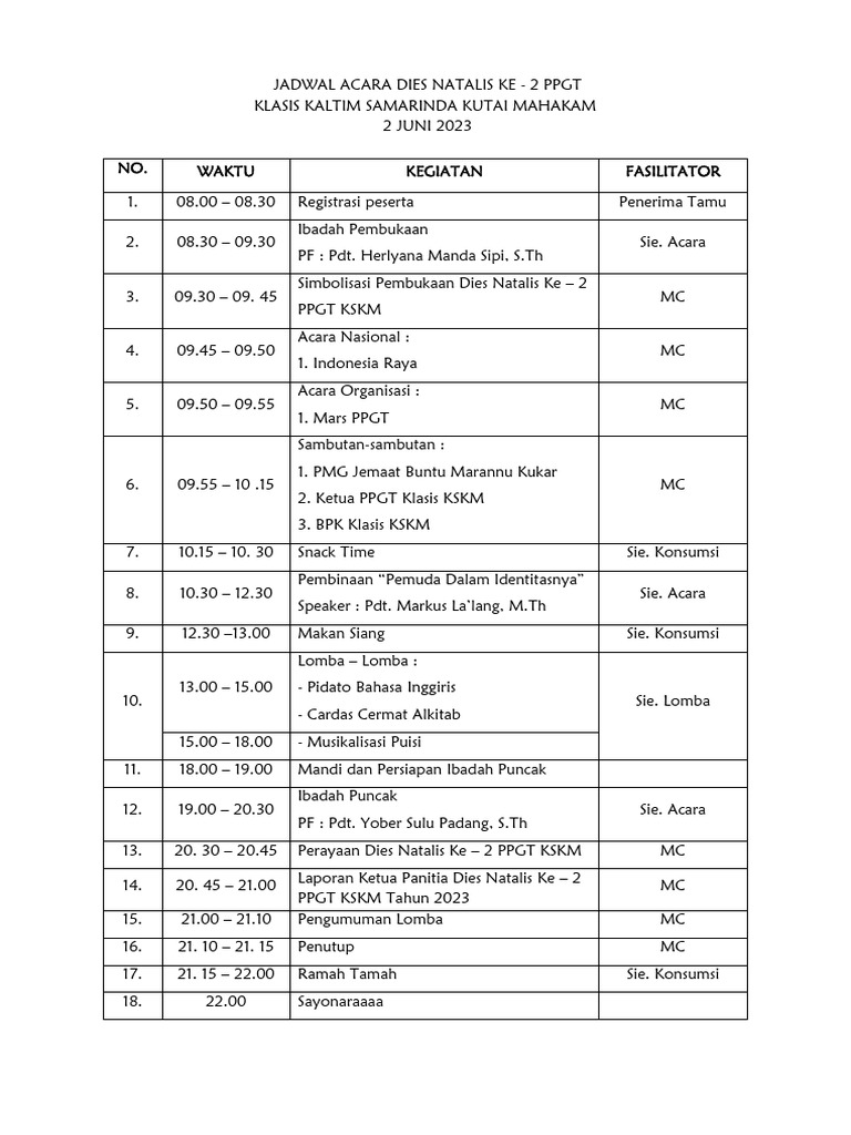 Jadwal Dies Natalis PPGT KSKM 2023 | PDF