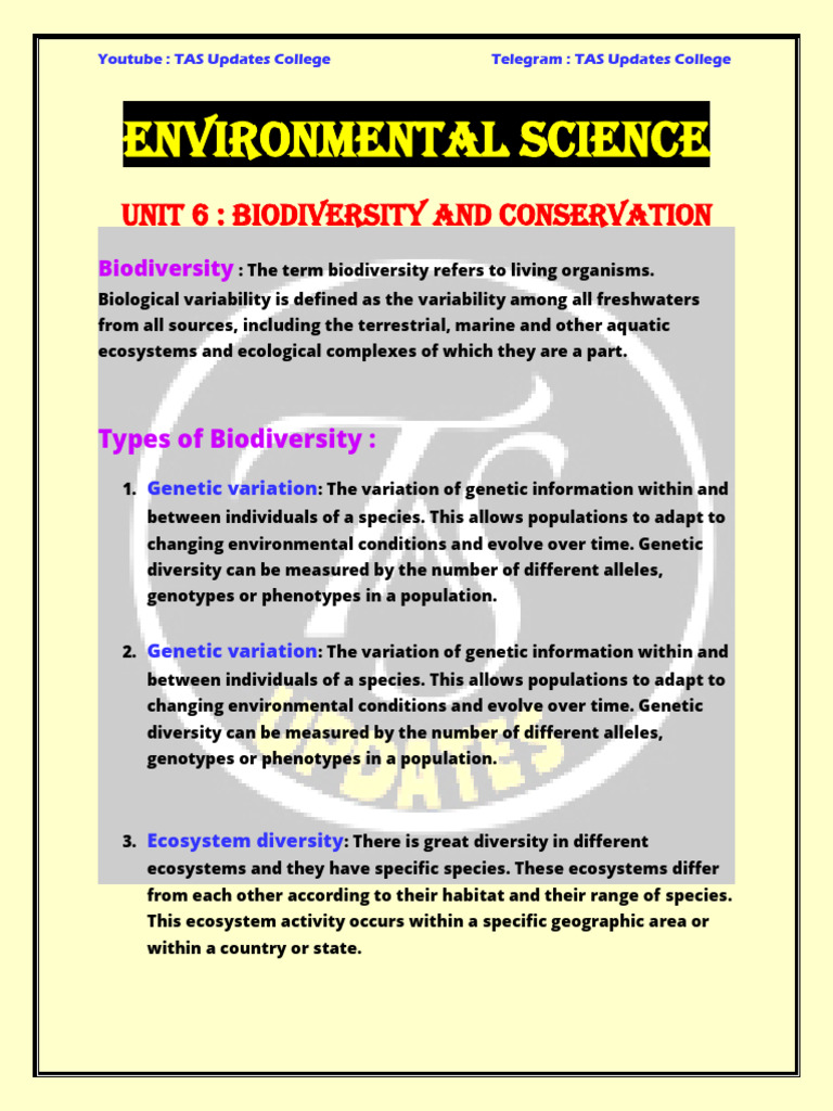 Unit 6 Biodiversity and Conservation Semester 3 | PDF | Biodiversity ...