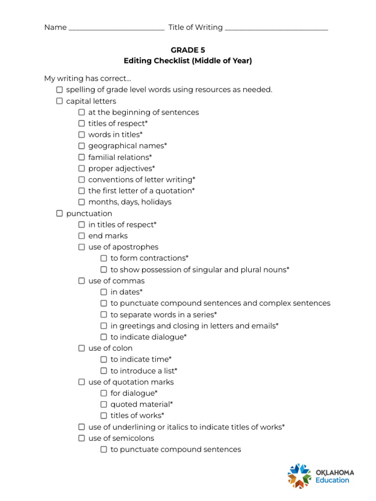 Grade 5 Mid-Year Editing Checklist | PDF | Language Arts & Discipline
