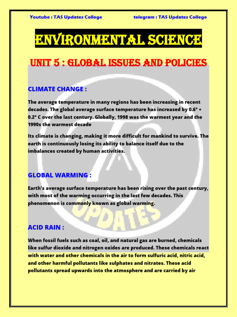 Unit 5 Global Issues and Policies Environmental Science Semester | PDF ...