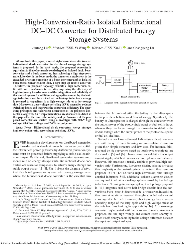 High-Conversion-Ratio Isolated Bidirectional DCDC Converter For Distributed Energy Storage ...