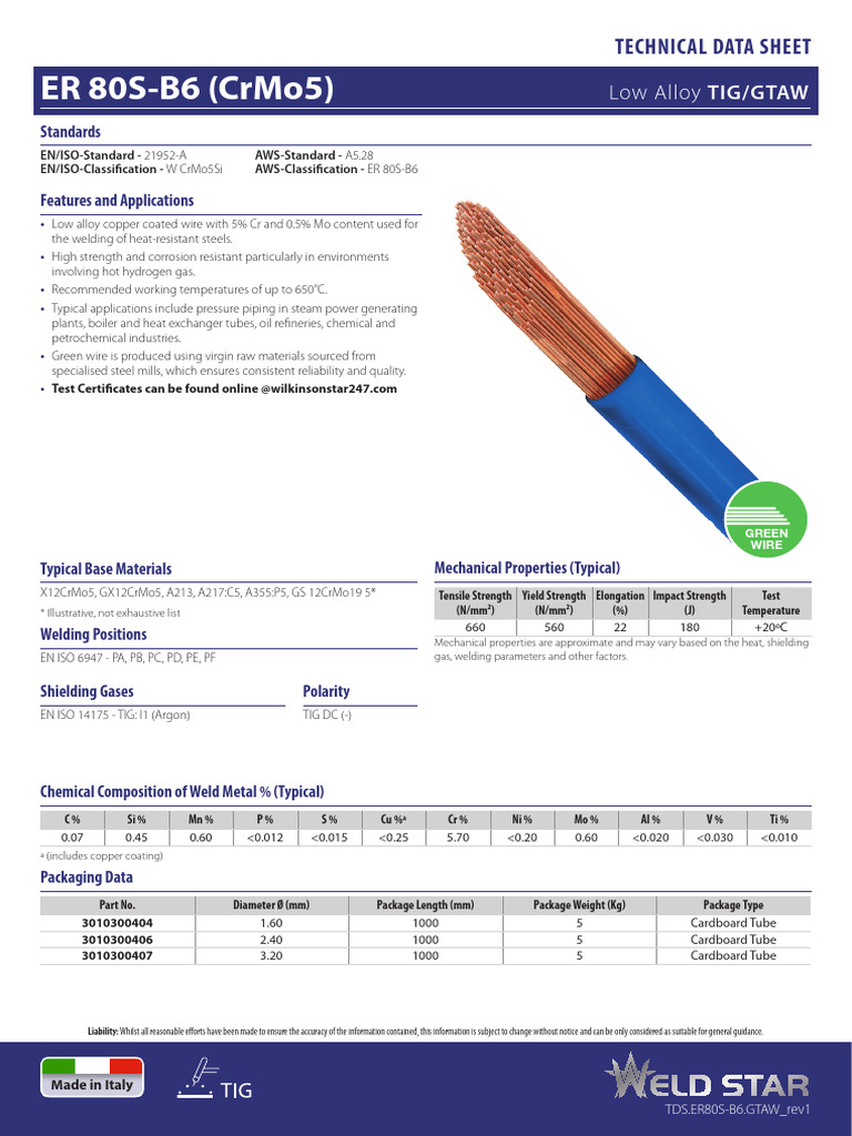 TDS - ER80S-B6.GTAW Rev1 | PDF | Construction | Welding