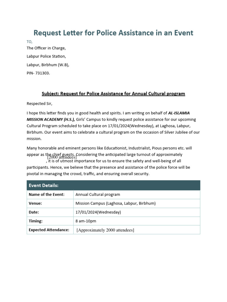 Request Letter for Police Assistance in an Event by Ujjal | PDF
