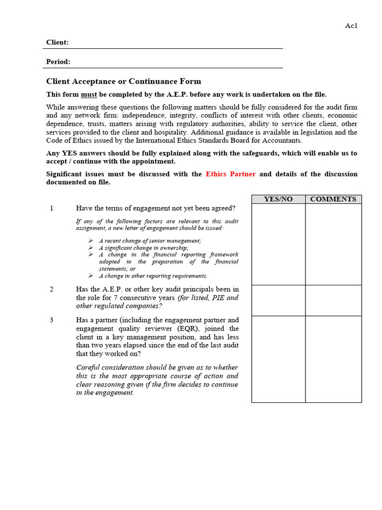 Ac1 Client Acceptance or Continuance | PDF | Audit | Auditor's Report