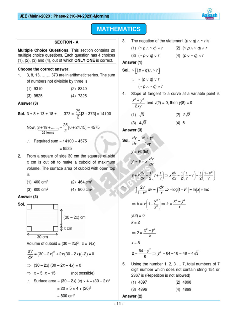 Ans Sol Jeemain 2023 Ph 2 10 04 2023 Morning Mathematics Pdf Arithmetic Mathematical Concepts