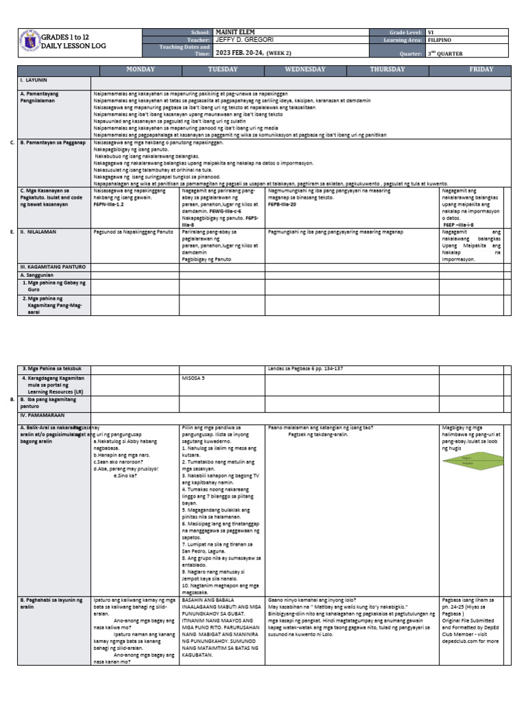 DLL - Filipino 6 - Q3 - W2 | PDF