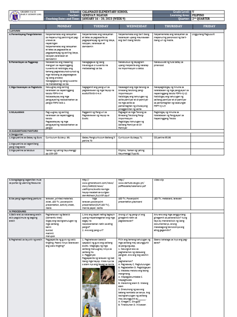 DLL Filipino 5 q2 w9 | PDF