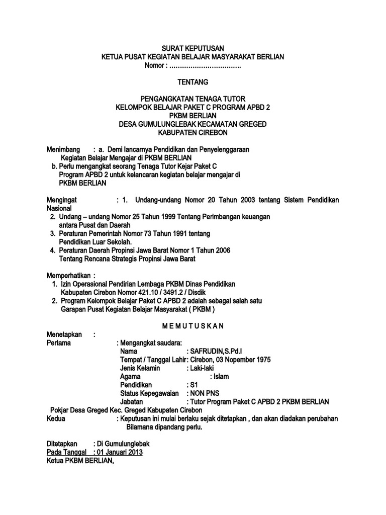 Contoh SK TUTOR PKBM | PDF Contoh SK TUTOR PKBM | PDF