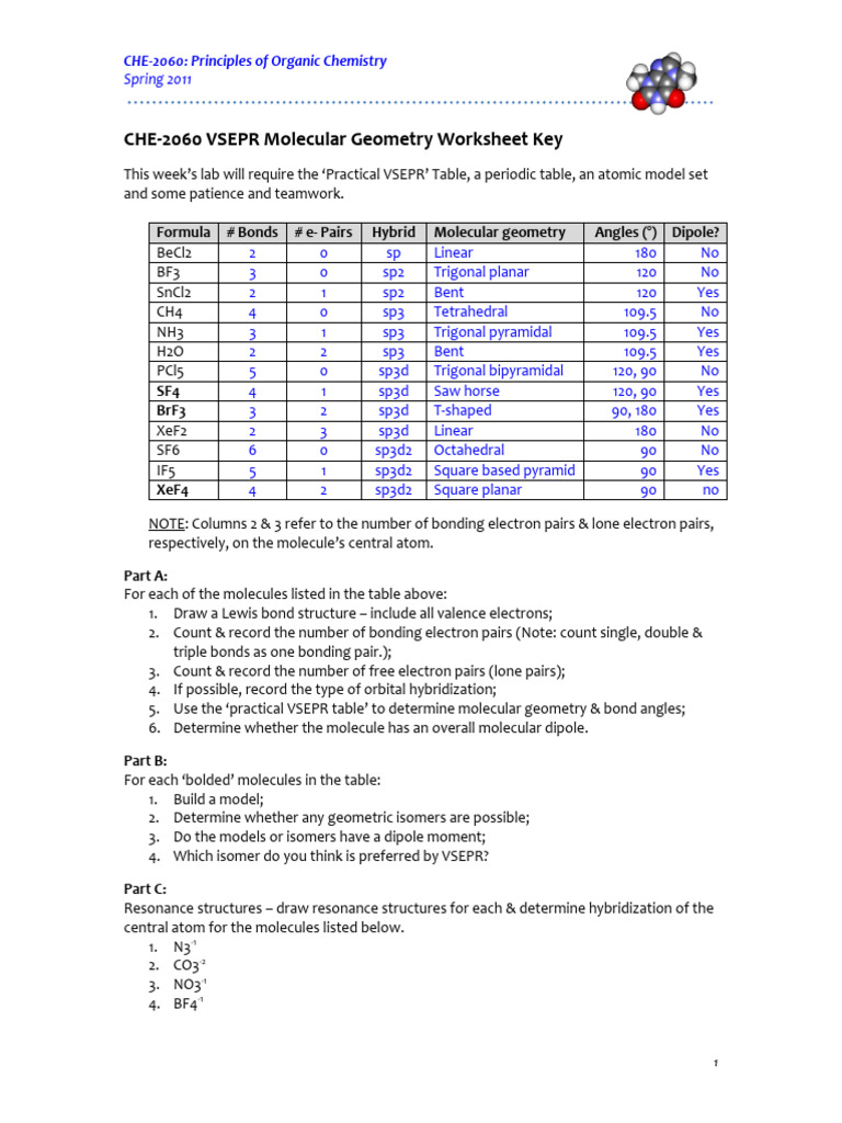 Che2060 Vsepr Geometry Ws Key | PDF | Chemical Bond | Molecules