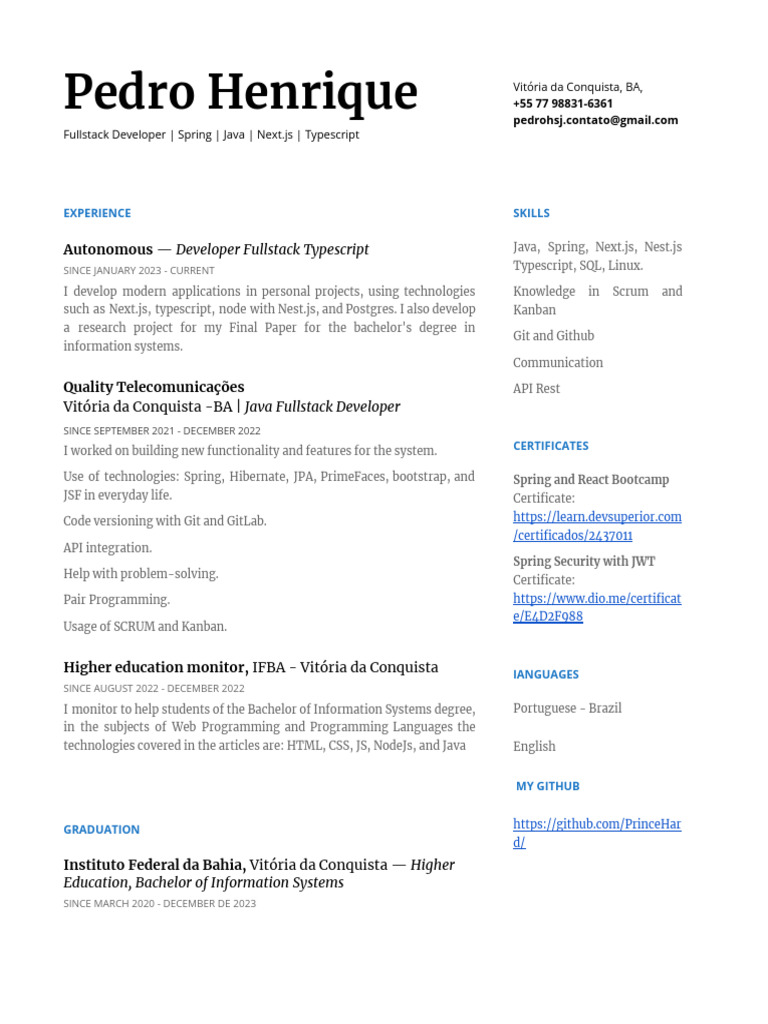 Resume Pedro Henrique | PDF | Software Engineering | Computing