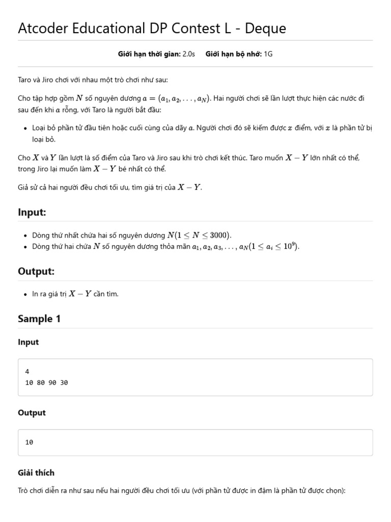 Atcoder Educational Dp Contest L Deque Vnoj Vnoi Online Judge Pdf