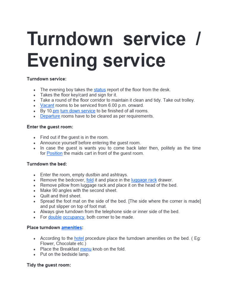 Evening Turndown Service Procedure | PDF