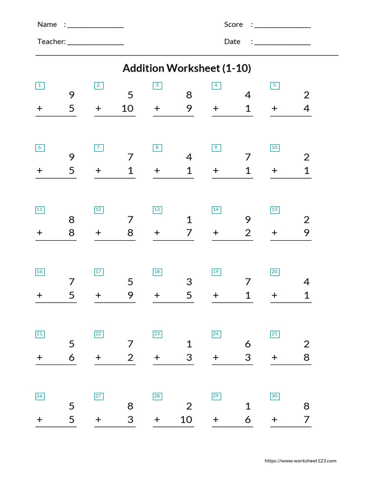 Addition Worksheet Numbers 1-10 | PDF